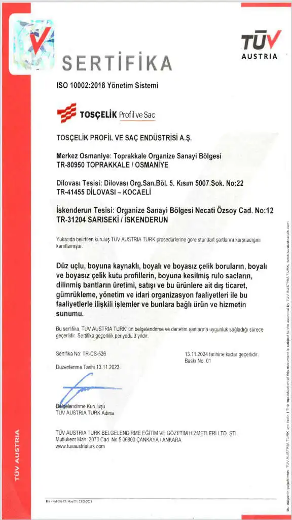 Tosçelik - Kalite Belgeleri